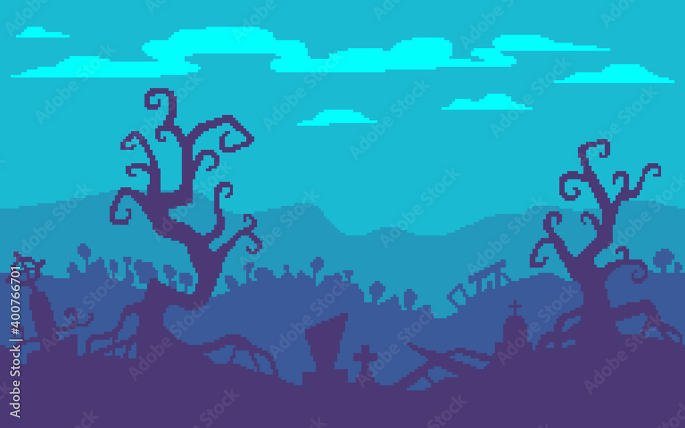 Pixel art game location. A haunted forest with graves. Stock Vector ...