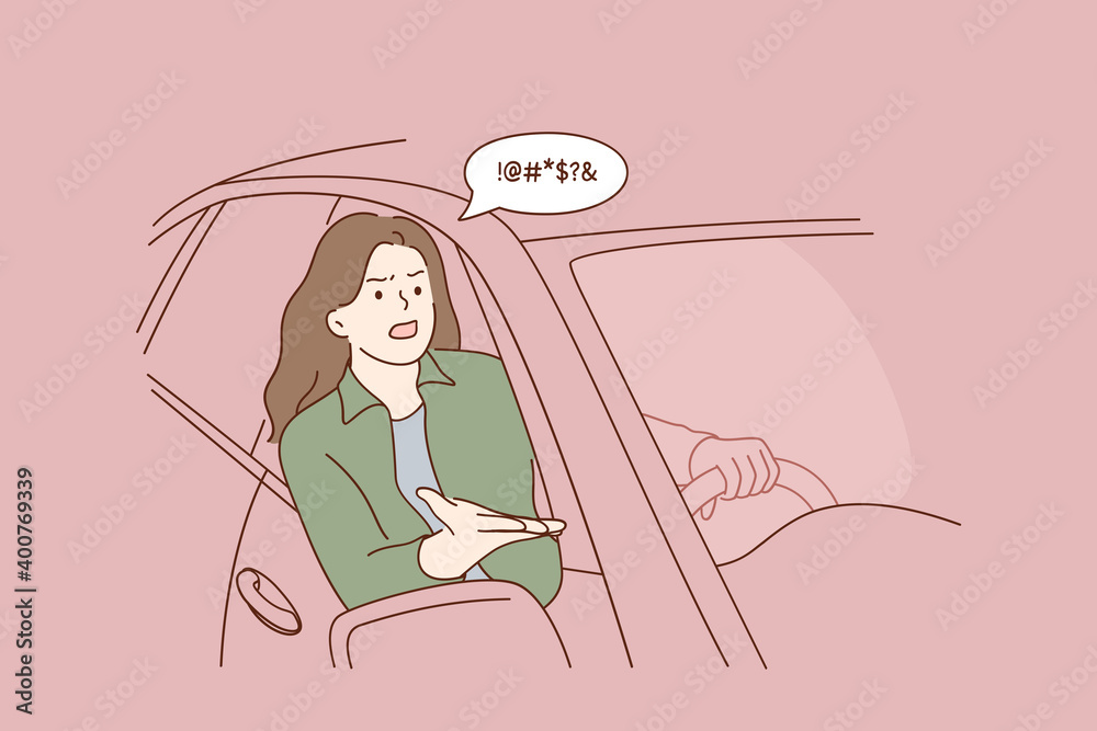 Quarrelling and negative emotions of car driver concept. Young angry ...