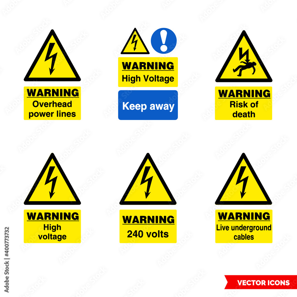 Electrical hazard signs icon set of color types. Isolated vector sign ...