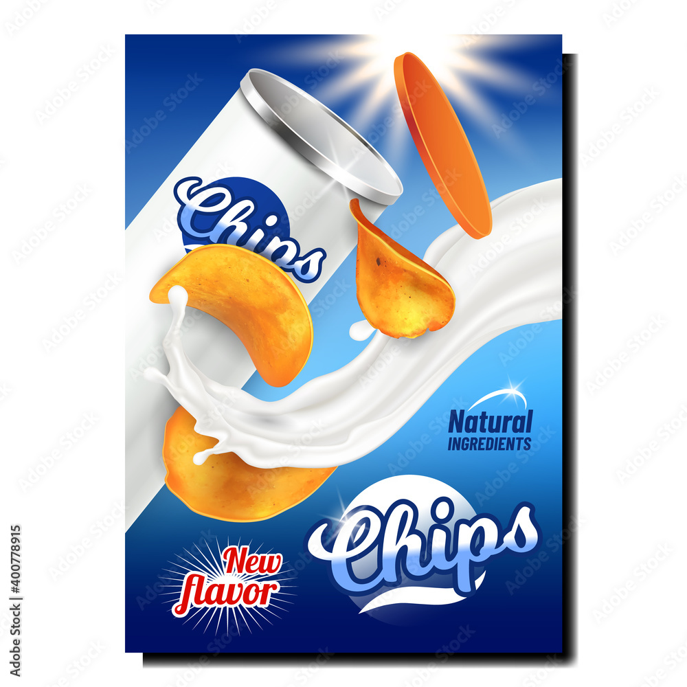 Chips Snack Creative Promotional Poster Vector. Crunchy Potato Chips ...