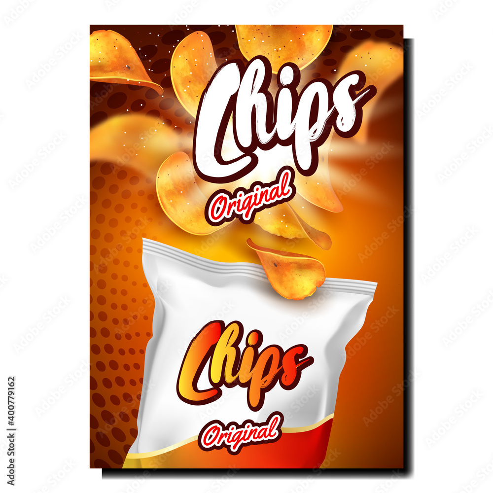 Chips Food Creative Promotional Banner Vector. Salty Potato Chips And ...