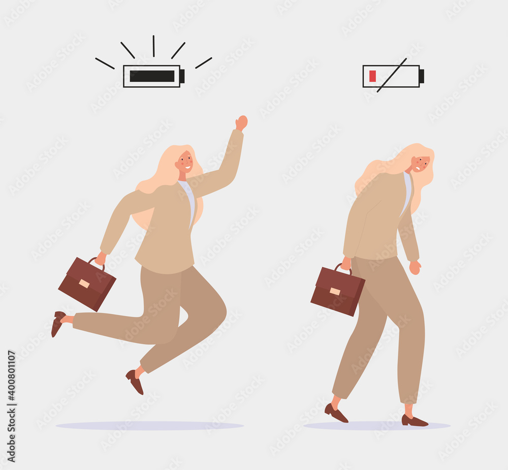 Energetic and tired women characters office workers and battery ...