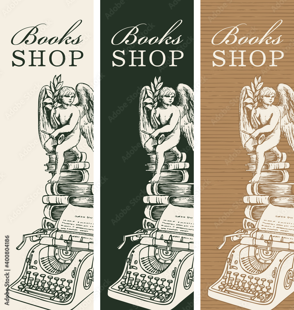 Set of three banners for books shop with a pencil drawing of old ...