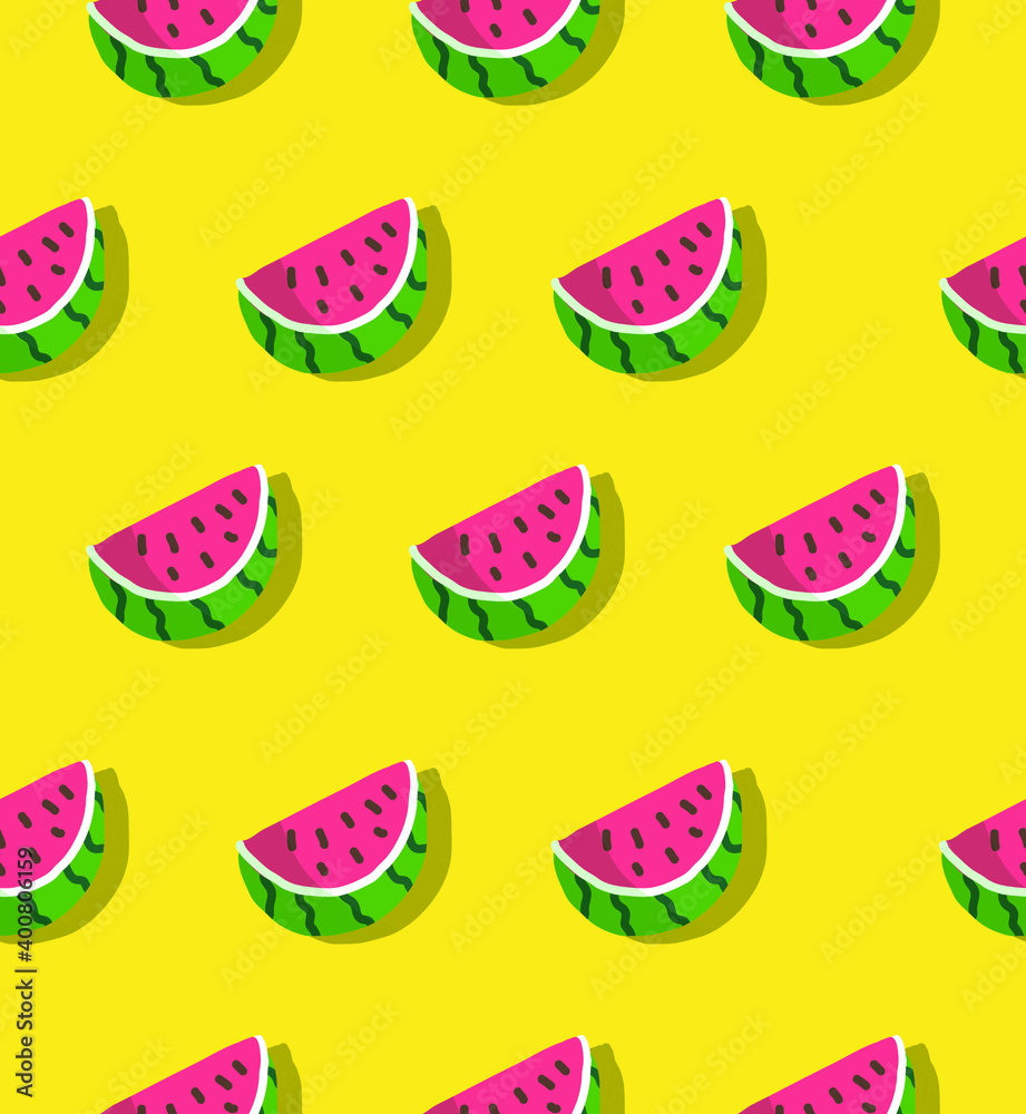 Seamless watermelons pattern. Vector yellow background with watercolor ...