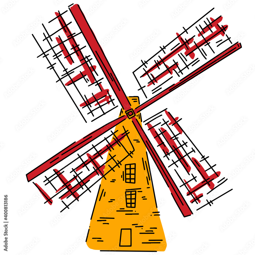 hand drawn doodle windmill. Travel poster, postcard. Hand drawn sketch ...