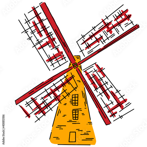 hand drawn doodle windmill. Travel poster, postcard. Hand drawn sketch ...
