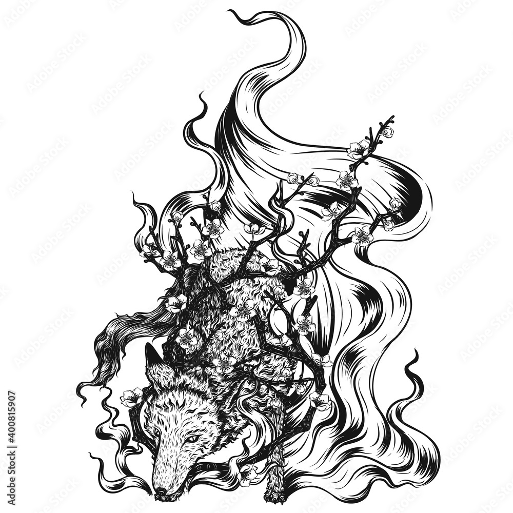 Fox with mei flower tattoo by hand drawing.Fox Hand Screen Printed T ...