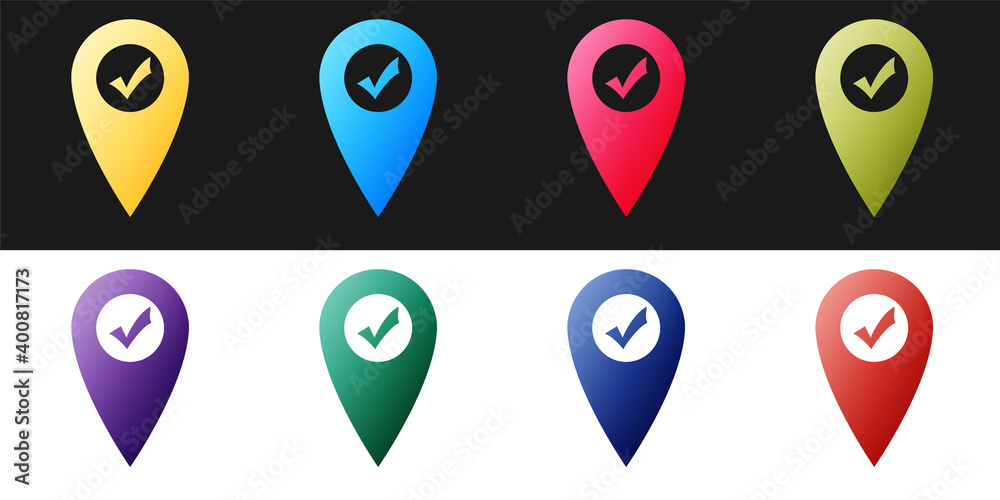 Set Map pointer with check mark icon isolated on black and white ...