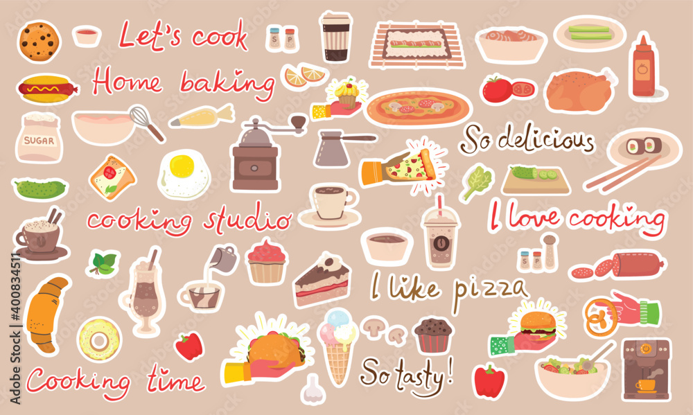 Cooking stickers vector concept icons in the flat style Stock Vector ...