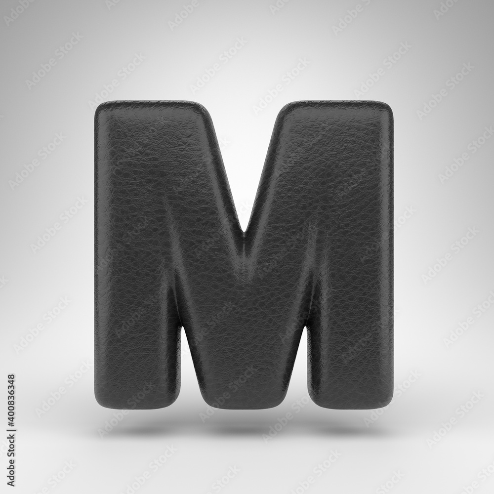 Letter M uppercase on white background. Black leather 3D letter with ...