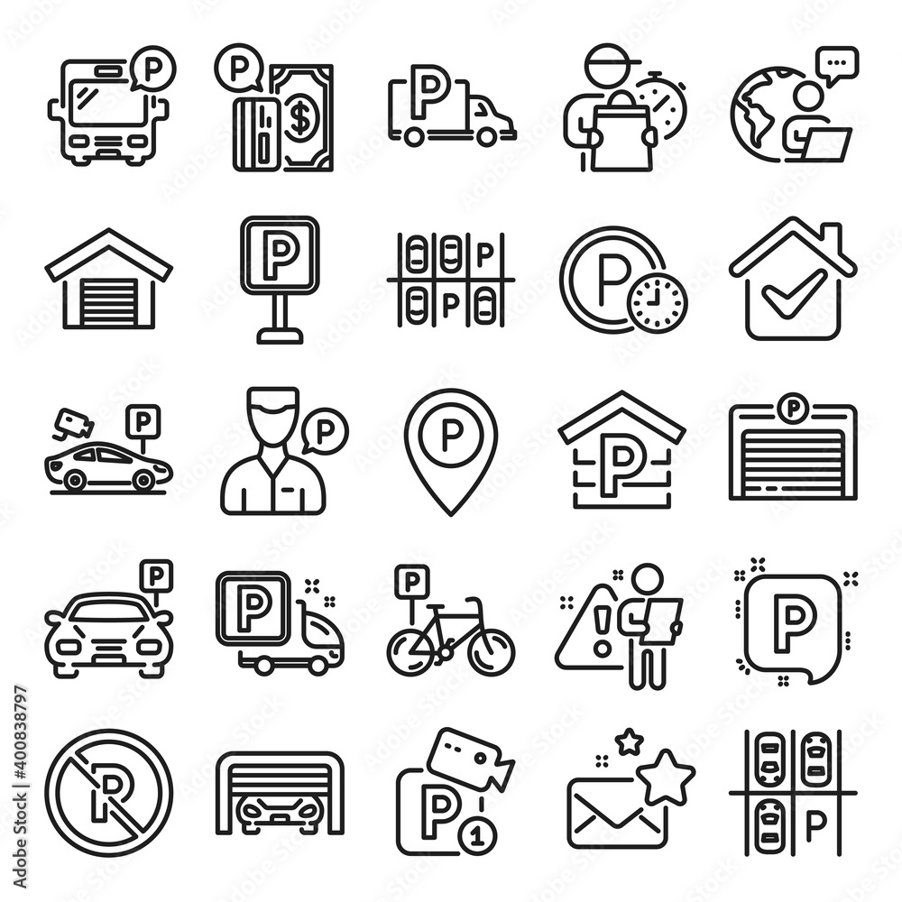 Parking line icons. Car garage, Valet servant and Paid transport parking icons. Video monitoring ...