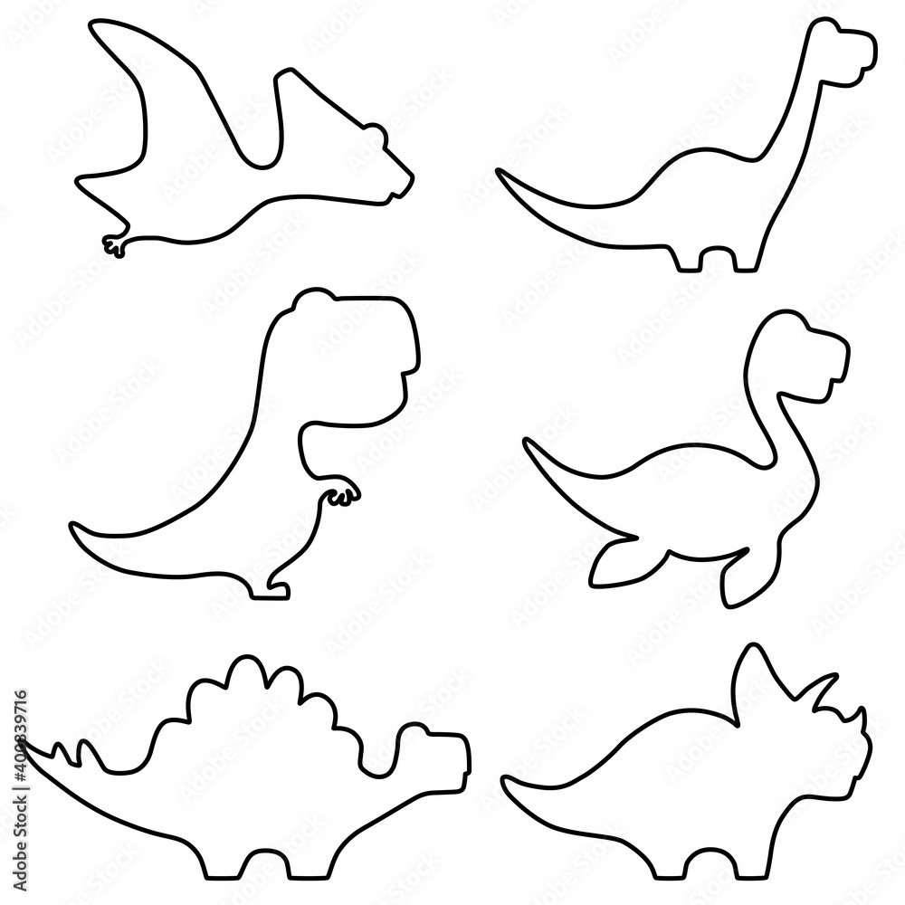 Black line art set of dinosaurs isolated on white background. Flat ...