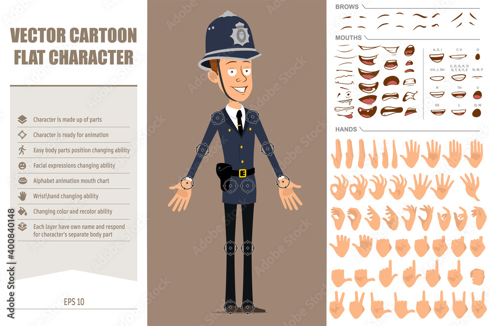 Cartoon flat funny british policeman character in blue helmet hat and ...