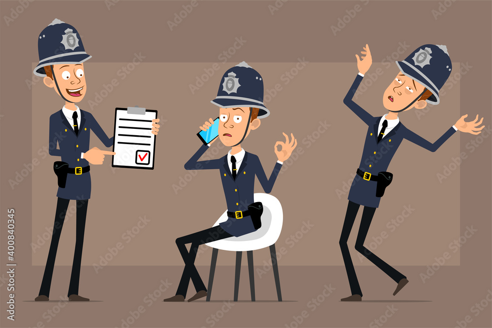 Cartoon flat funny british policeman character in blue helmet hat and ...