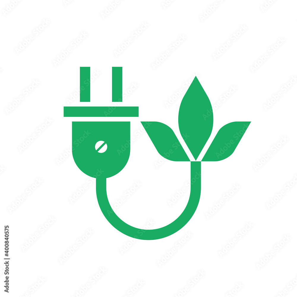 Green energy power - concept sign. Electric plug and nature leaves ...