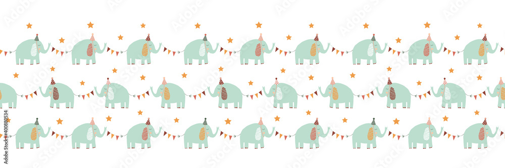 Elephants parading with party flag garlands horizontal border ...