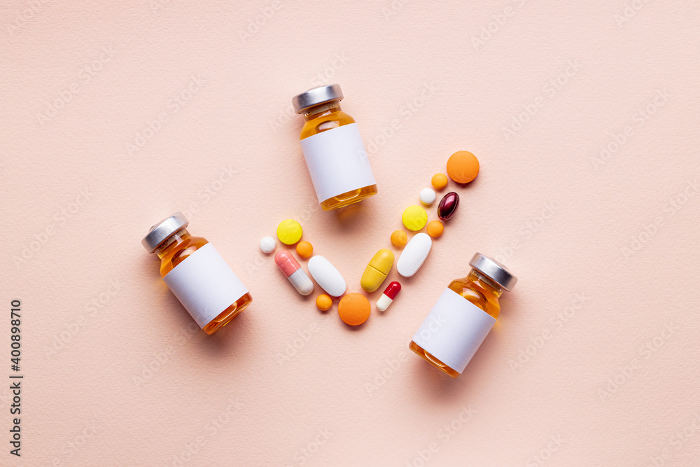 medical pills check mark symbol isolated on pink background. medicine ...