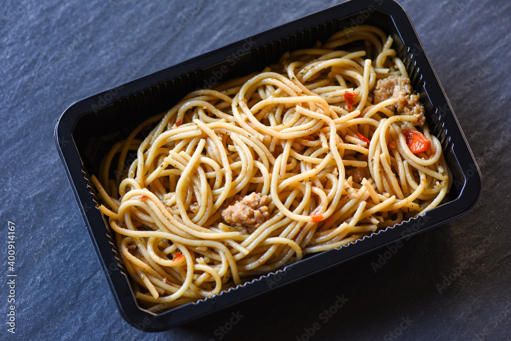 Food in plastic box food delivery concept, spaghetti pasta in plastic ...