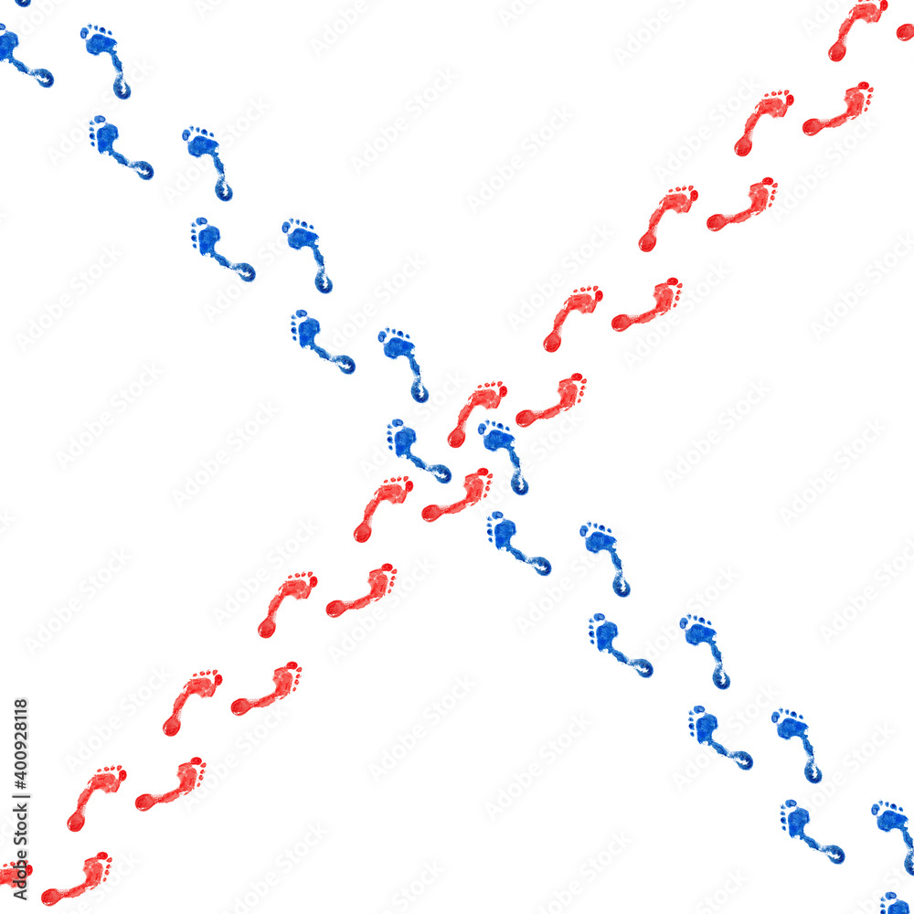 Cross ways of red and blue human footprints white background isolated ...
