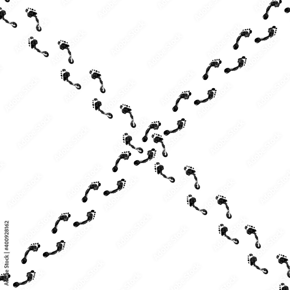 Cross ways of black human footprints white background isolated, dirty ...