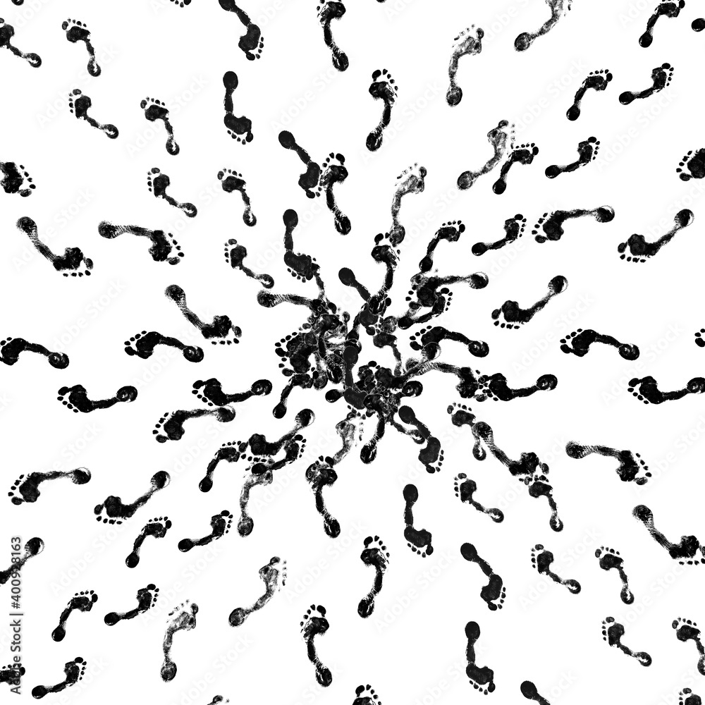 Cross ways black human footprints white background isolated, dirty ...