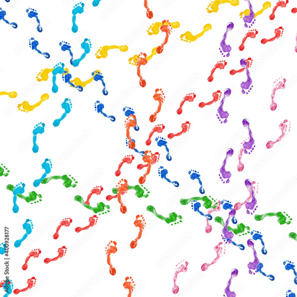 Cross ways colorful human footprints white background isolated ...
