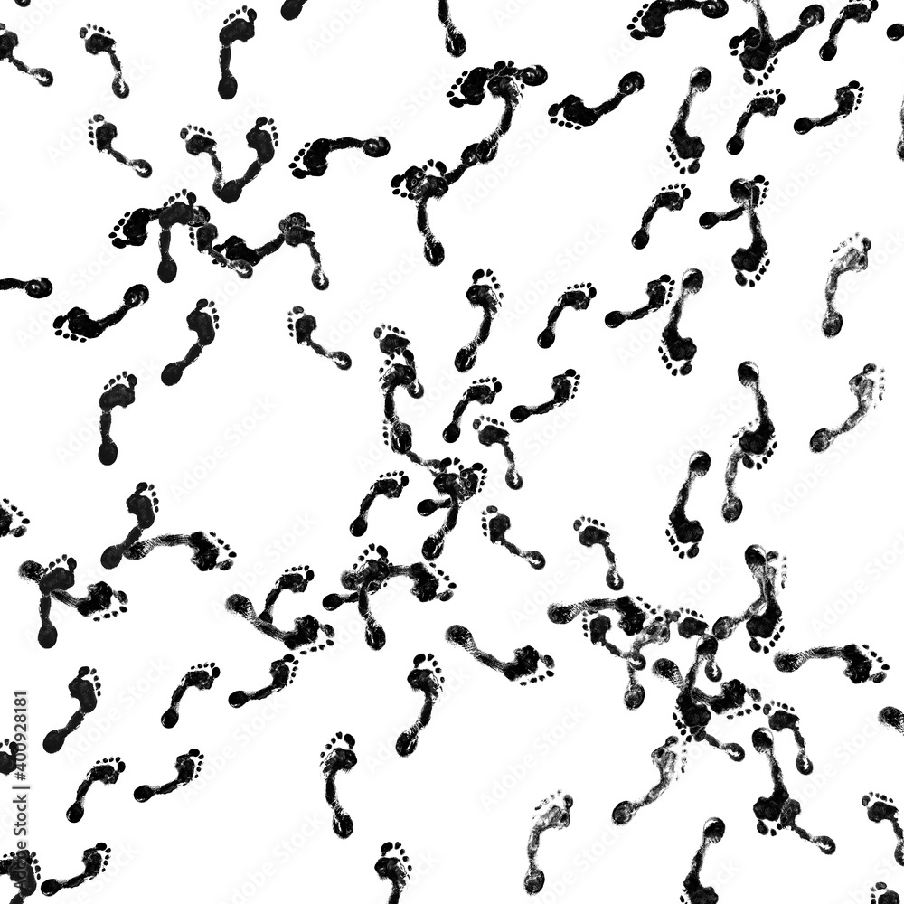 Cross ways black human footprints white background isolated, dirty ...