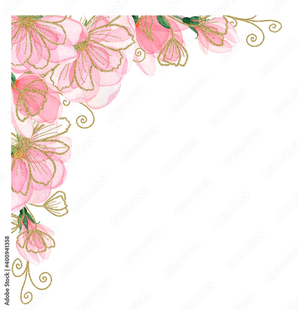 Floral border-corner of soft pink watercolor and golden outline flowers ...