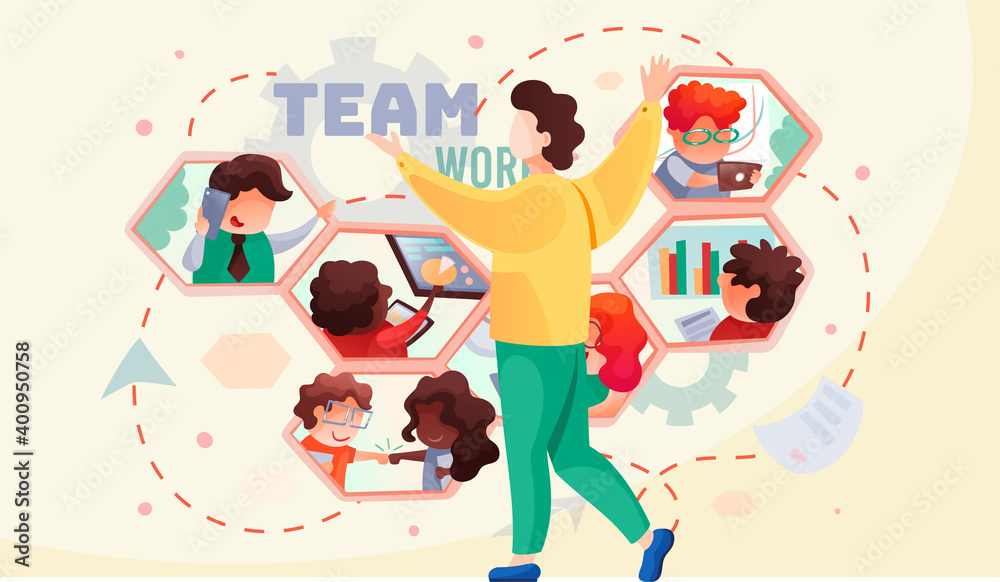 Team work, management concept with team leader chief with raised hands ...