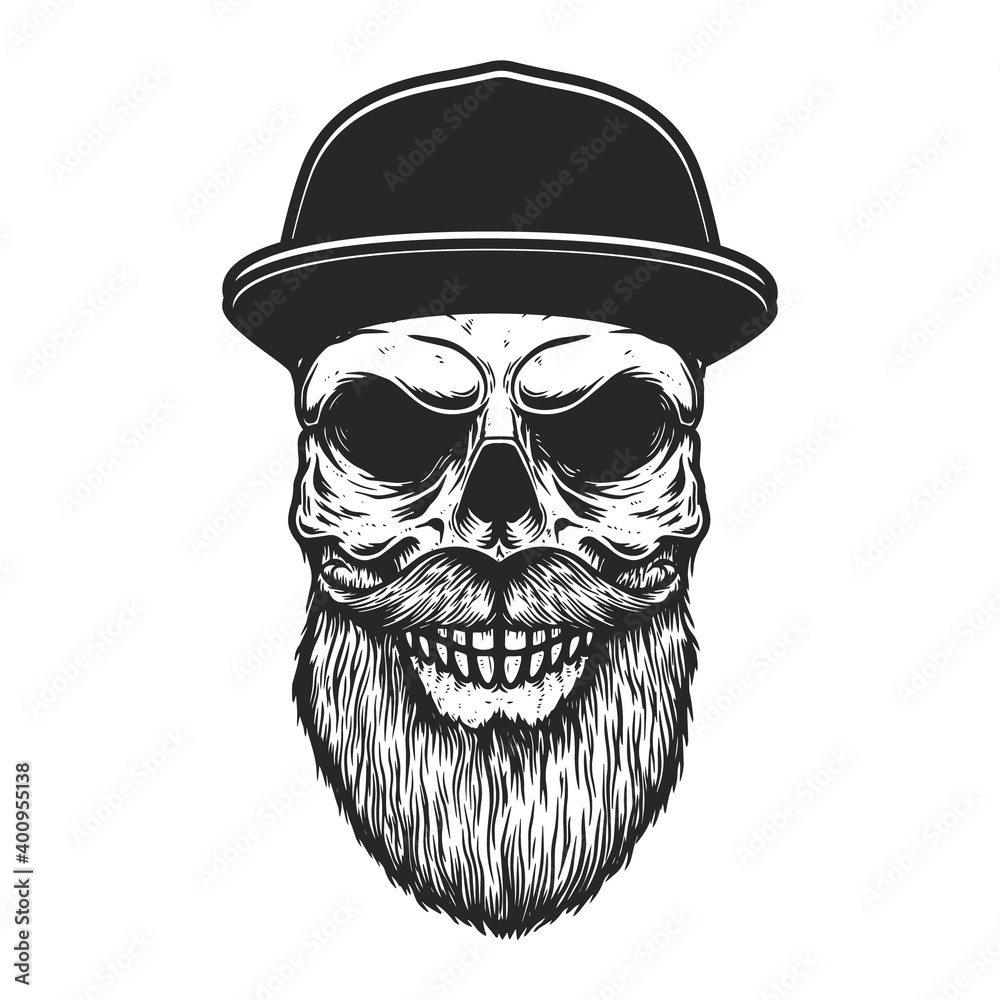 Illustration of bearded skull in baseball cap. Design element for logo ...