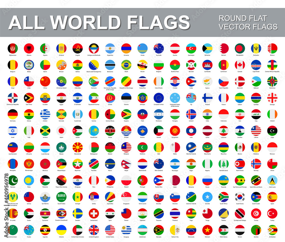 All world flags - vector set of round flat icons. Flags of all ...