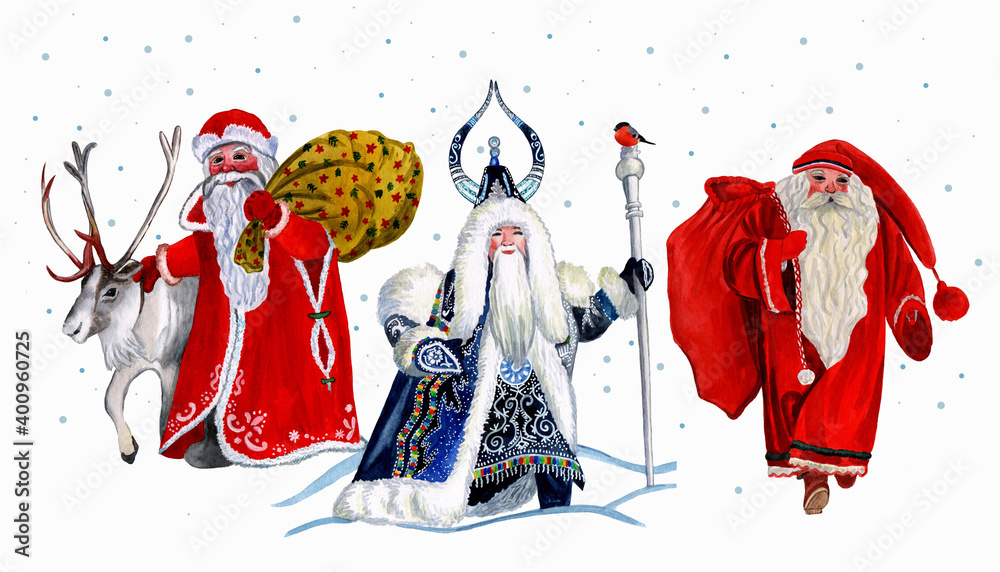 Watercolor illustration of a group of Santa Claus in different costumes ...