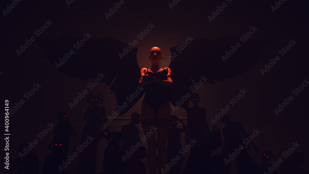 Devil Women Black Demon Fallen Angel with Red Eyes Surrounded By Lesser ...