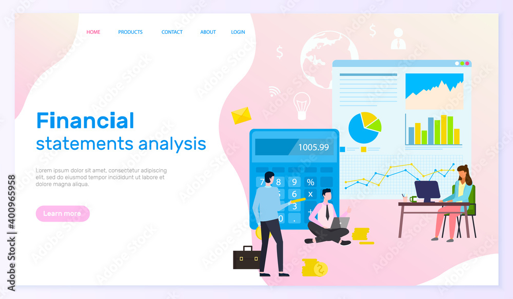 Landing page of financial site. Financial statements analysis, man ...