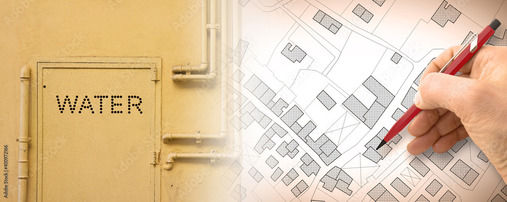 Urban water supply planning - concept image with a metal box for water ...