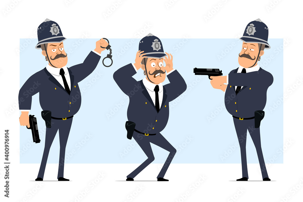 Cartoon flat funny british fat policeman character in helmet and ...