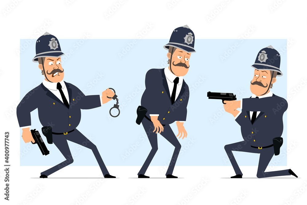 Cartoon flat funny british fat policeman character in helmet and ...