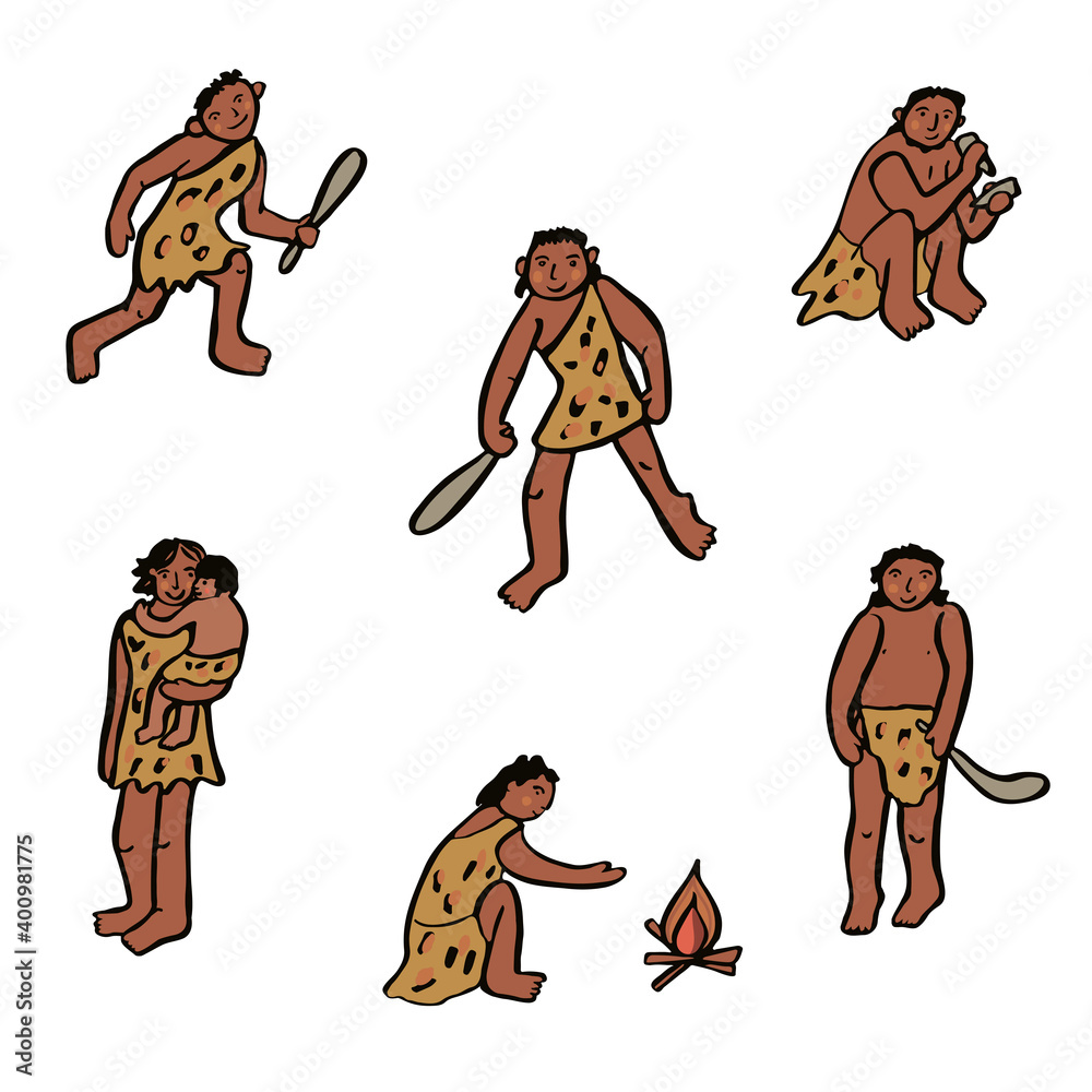 Ancient peole first neanderthals hand drawn vector illustrations set ...