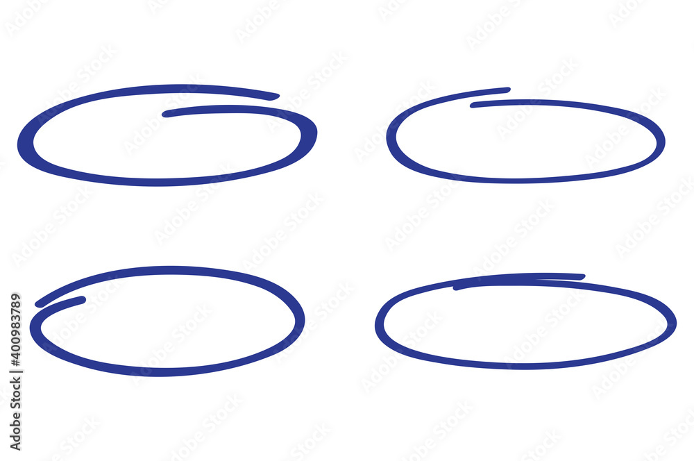 Blue circle, pen draw set. Highlight hand drawn circle isolated on ...