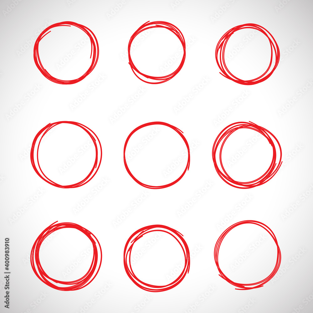 Red circle, pen draw set. Highlight hand drawn circle isolated on ...