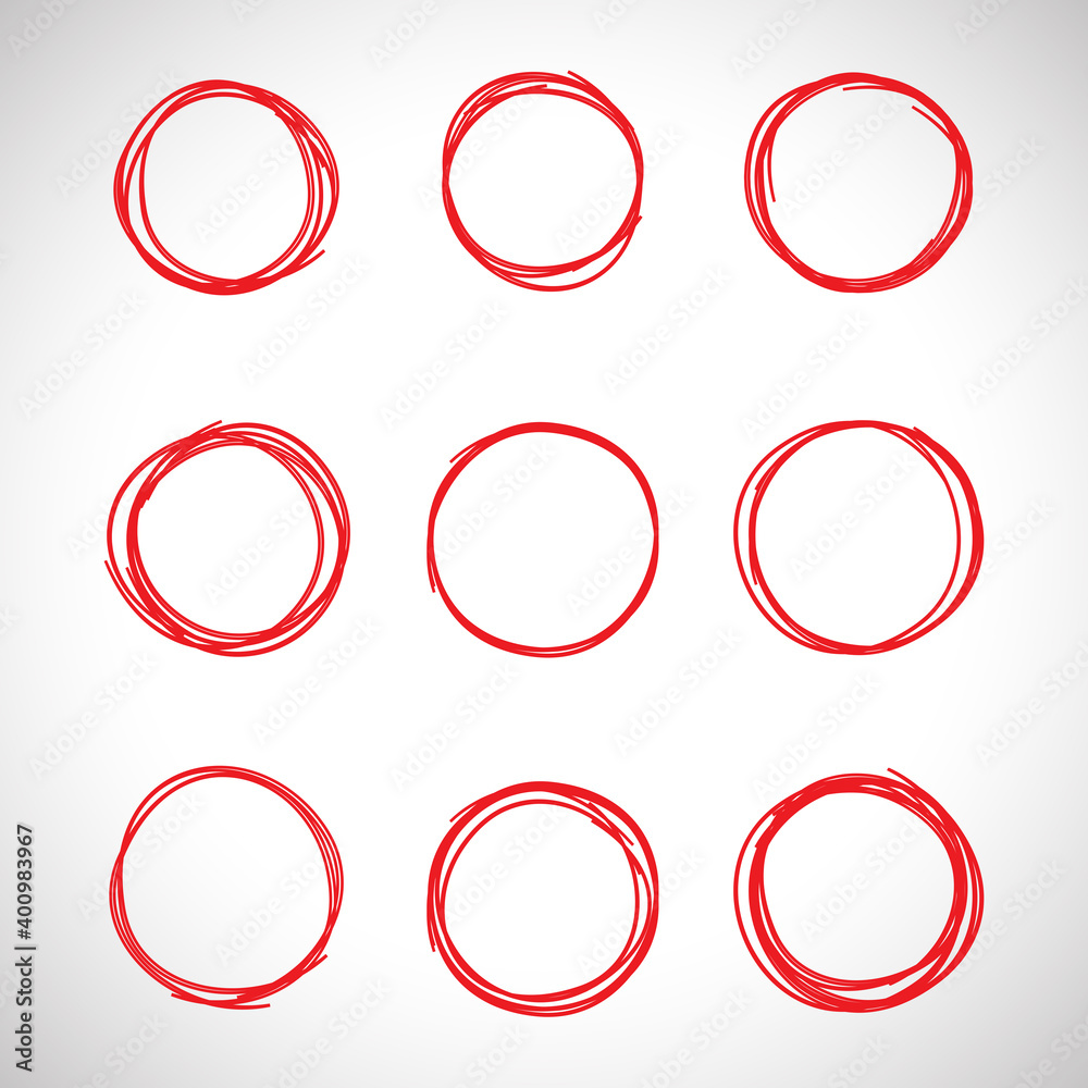 Red circle, pen draw set. Highlight hand drawn circle isolated on ...
