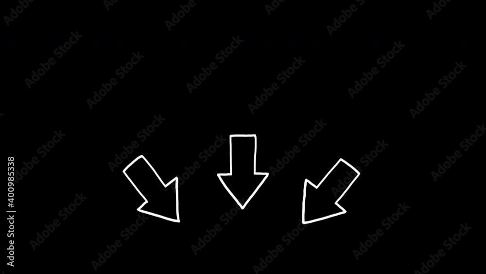 Three white arrows pointing downwards, hand drawn animation on a ...