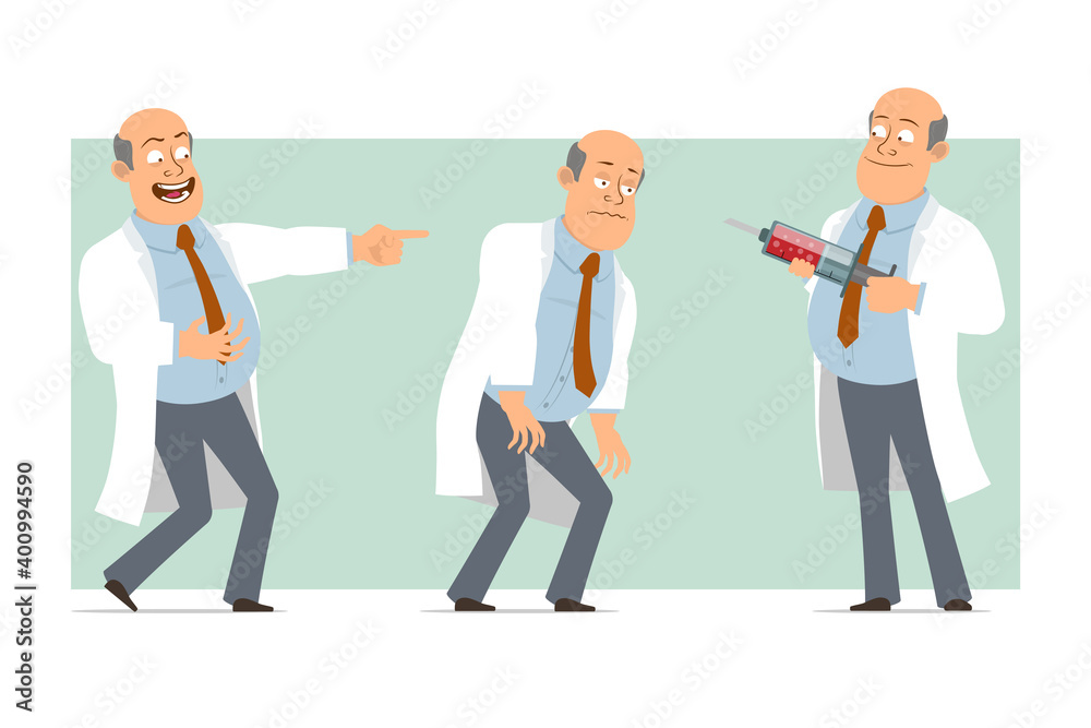 Cartoon flat funny fat bald doctor man character in white uniform with ...