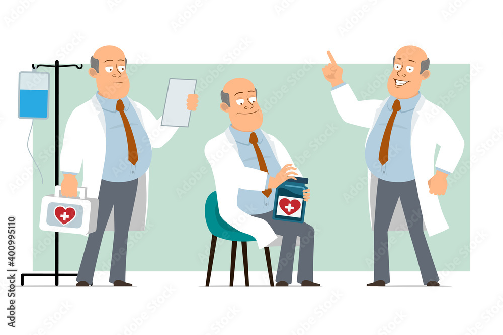 Cartoon flat funny fat bald doctor man character in white uniform with ...