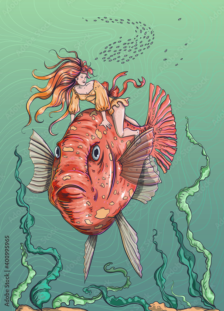 Girl with flowing hair swims sitting on a huge fish and a flock of ...
