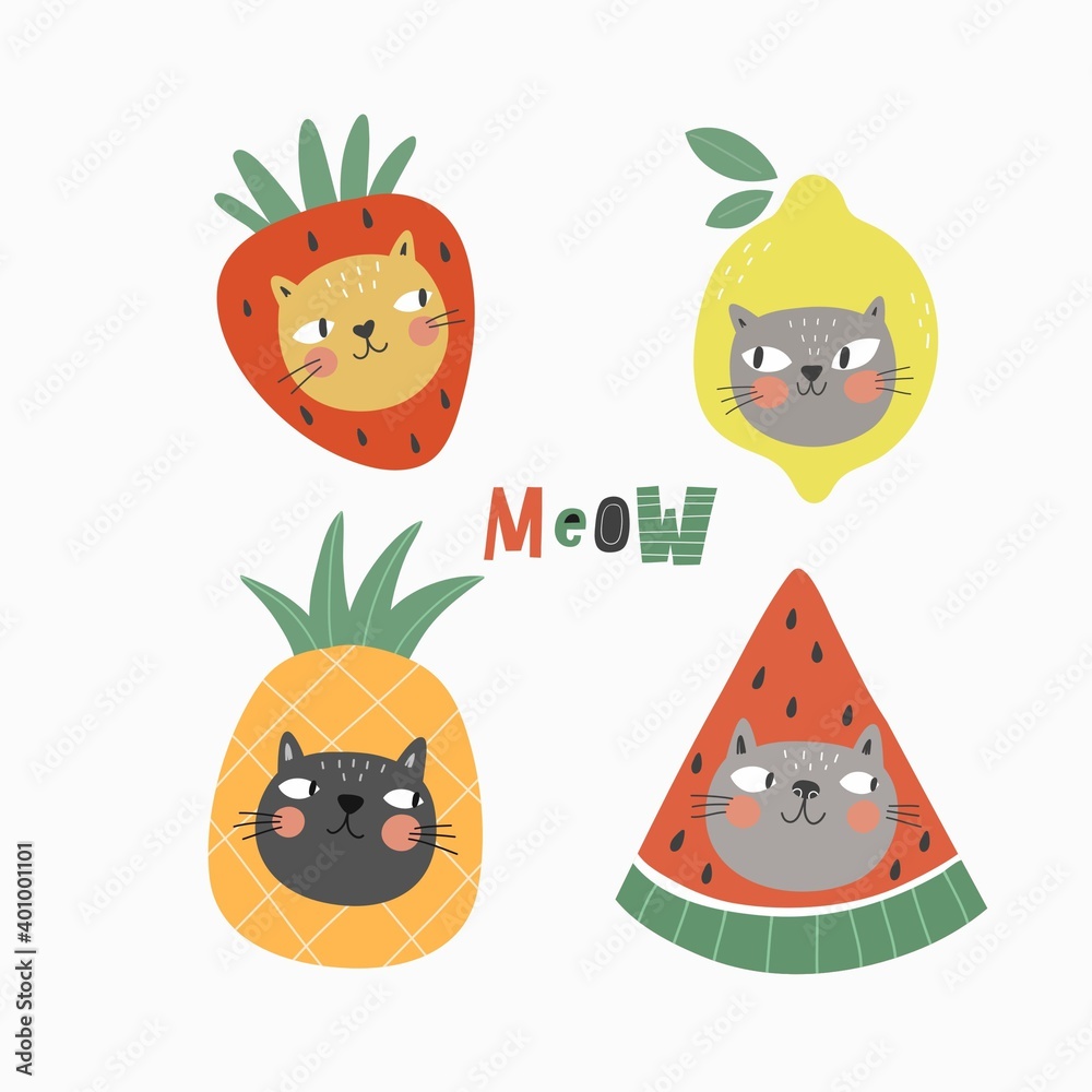 Cute cartoon cat inl costume of fruit. Comic kawaii cat and ...