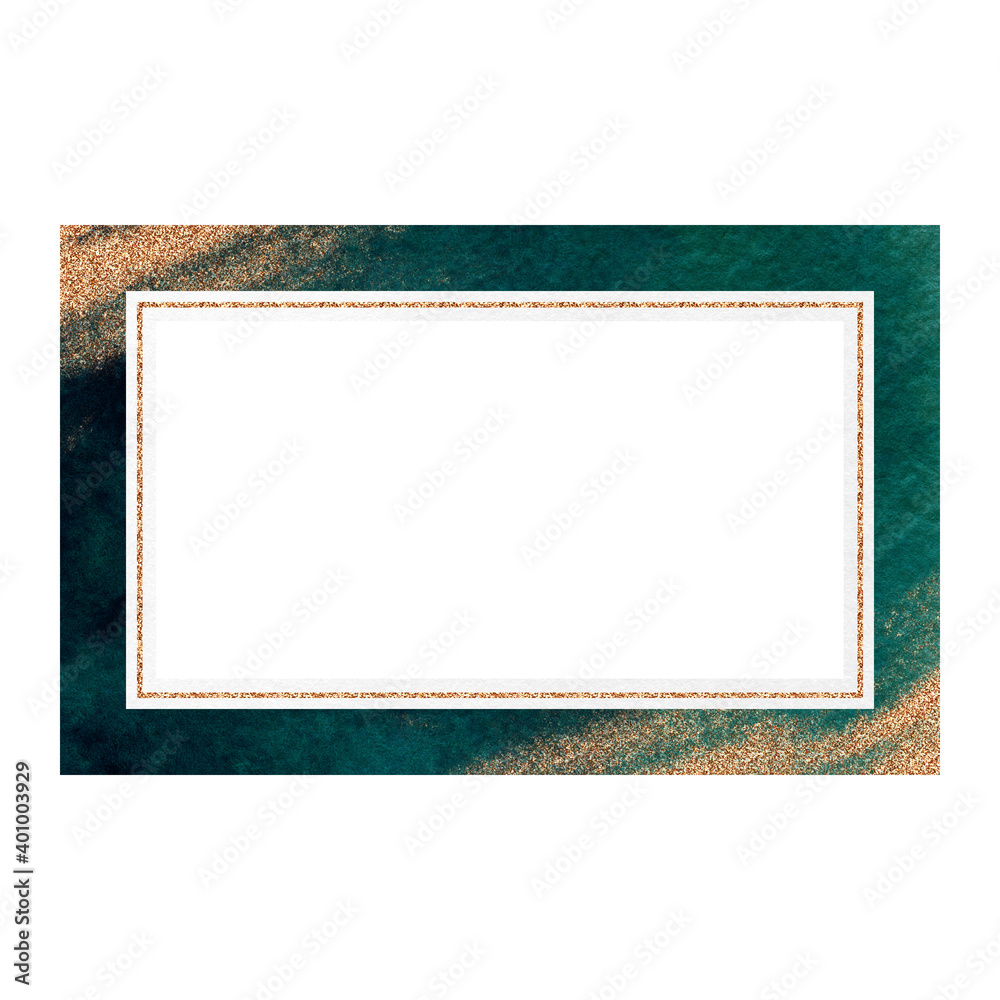 Watercolor rectangle frame isolated on white background. Gold splashes ...