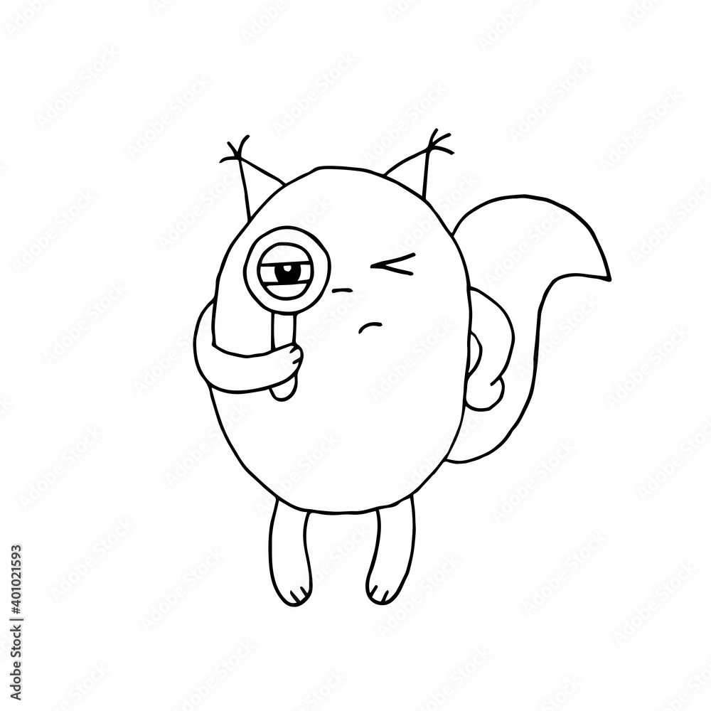 A suspicious squirrel looks through a magnifying glass. Detective ...