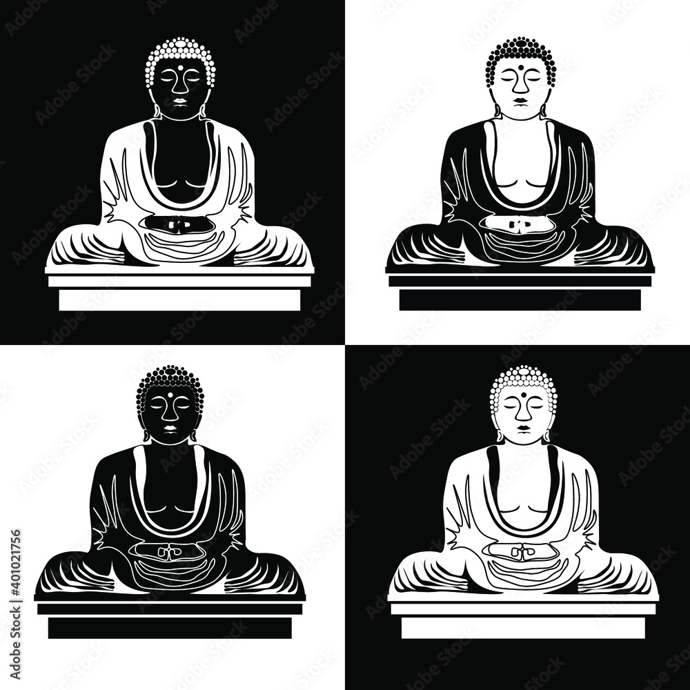 Kamakura, Japan, Great Buddha statue, Sitting Buddha. Vector ...