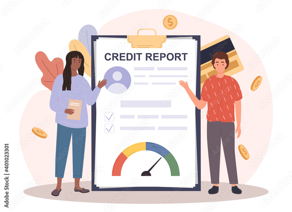 Male and female characters standing next to clipboard with credit ...